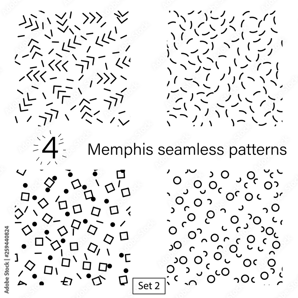 Set of Memphis patterns, line black on white backdrop. Outline abstract ...
