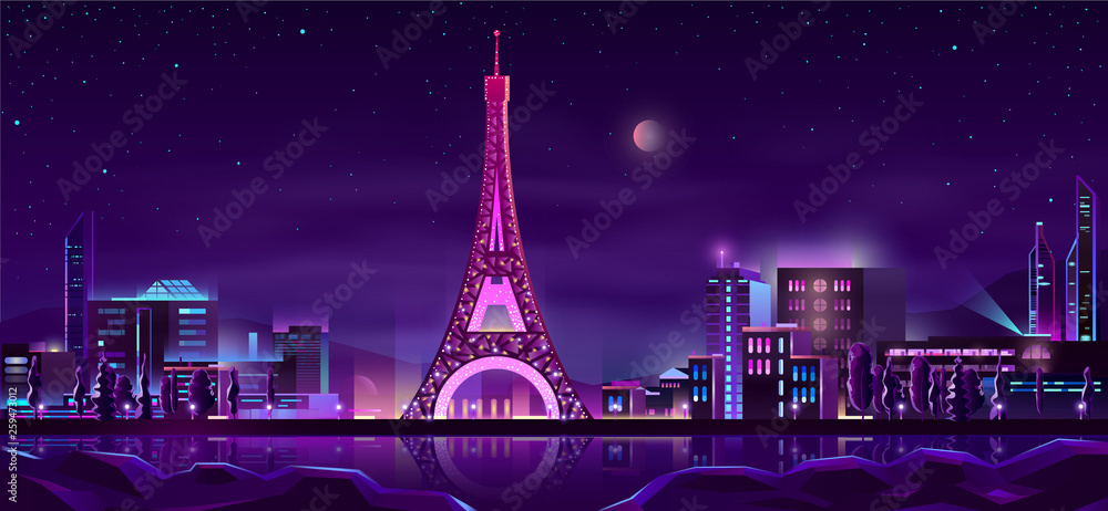 Paris quay night landscape cartoon vector in neon colors with ...