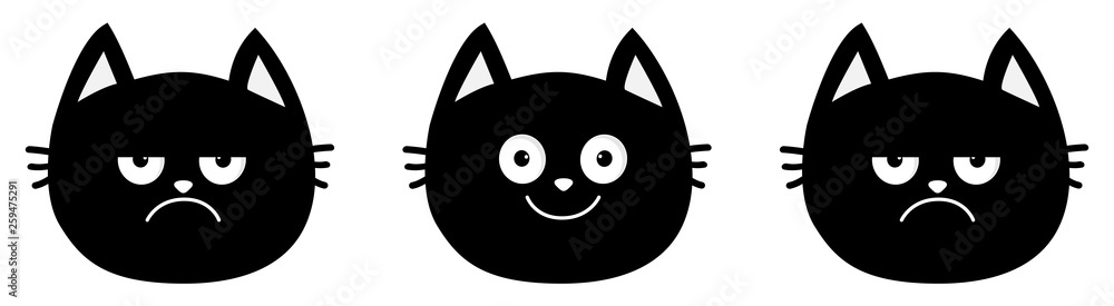 Cute black cat set line. Emotion collection. Happy, smiling and sad ...