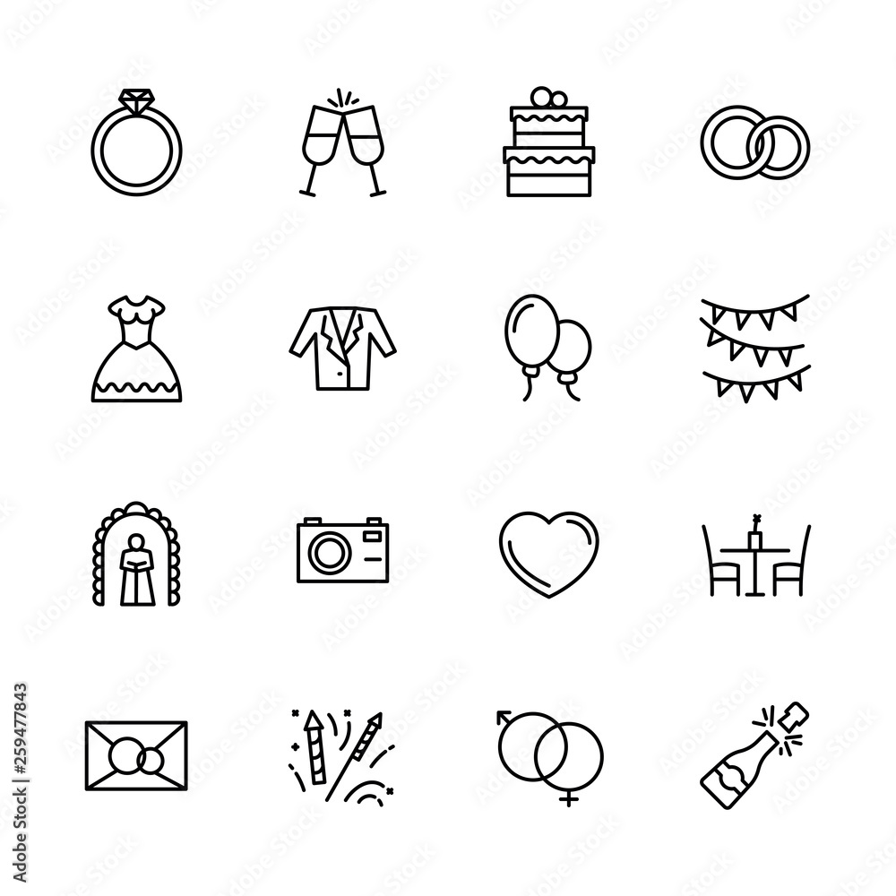 Simple icon set engagement and wedding in church. Contains such symbols ...