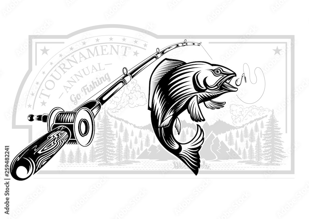 Salmon fish bend in engrving style with fishing rods on nature ...