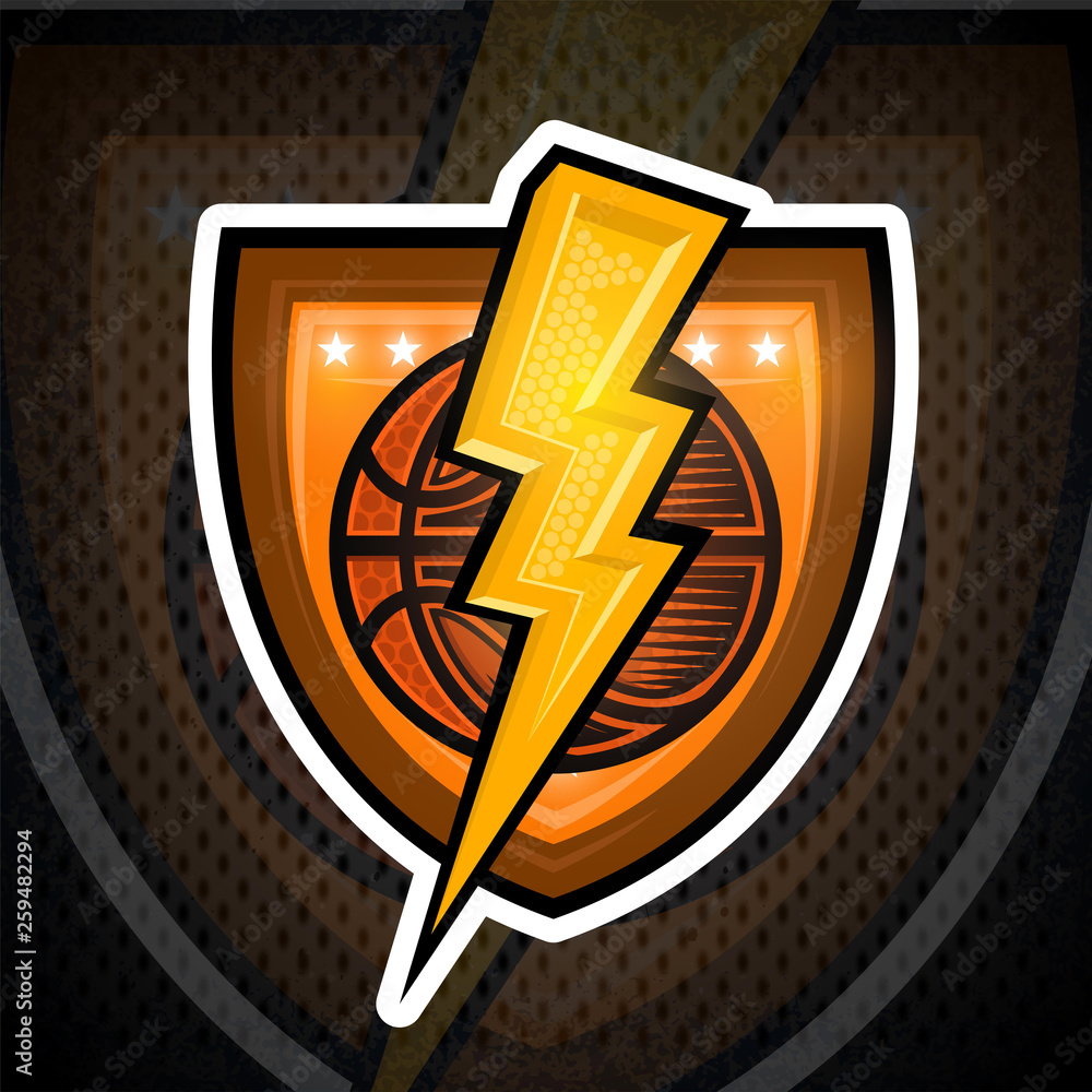 Golden lightning with basketball ball in center on shield. Sport logo ...