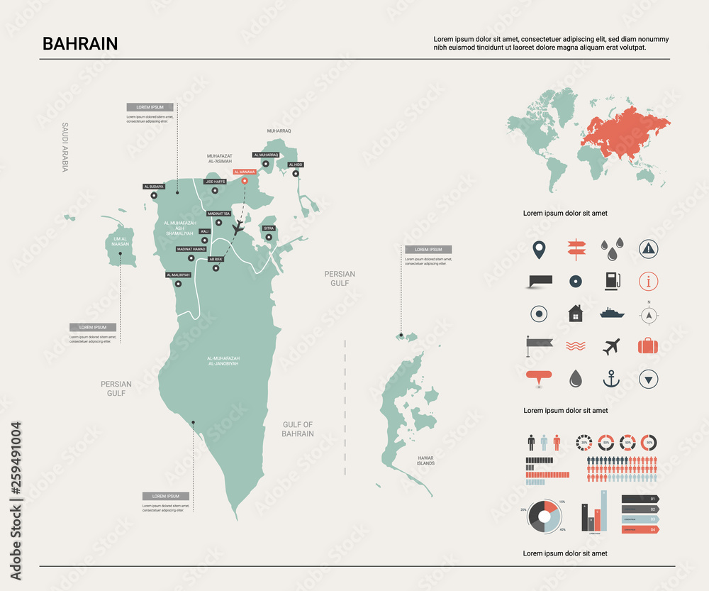 Vector map of Bahrain. High detailed country map with division, cities ...