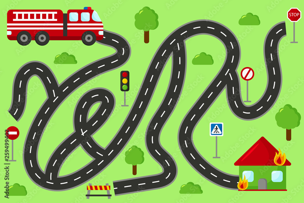 Maze game with roads. City landscape. Fire truck rides to extinguish a ...