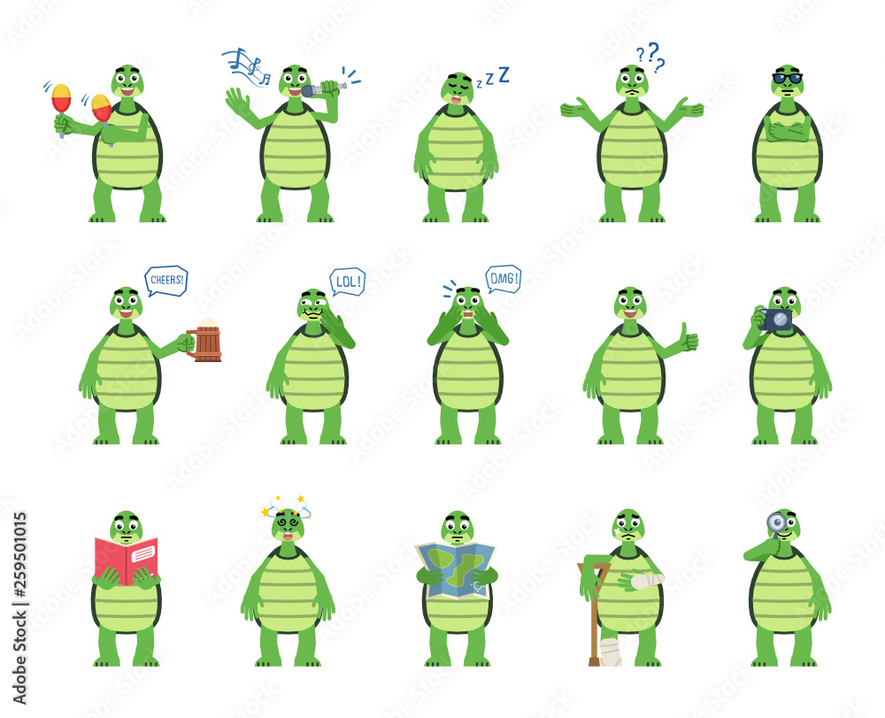 Set of cartoon turtle characters showing diverse actions, emotions ...