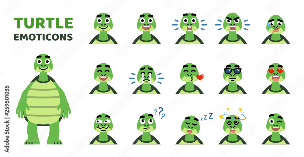 Set of cartoon turtle emoticons. Funny turtle avatars showing various ...