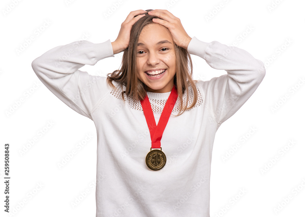 Happy winner. Portrait of beautiful Teen Girl Student with gold Medal ...