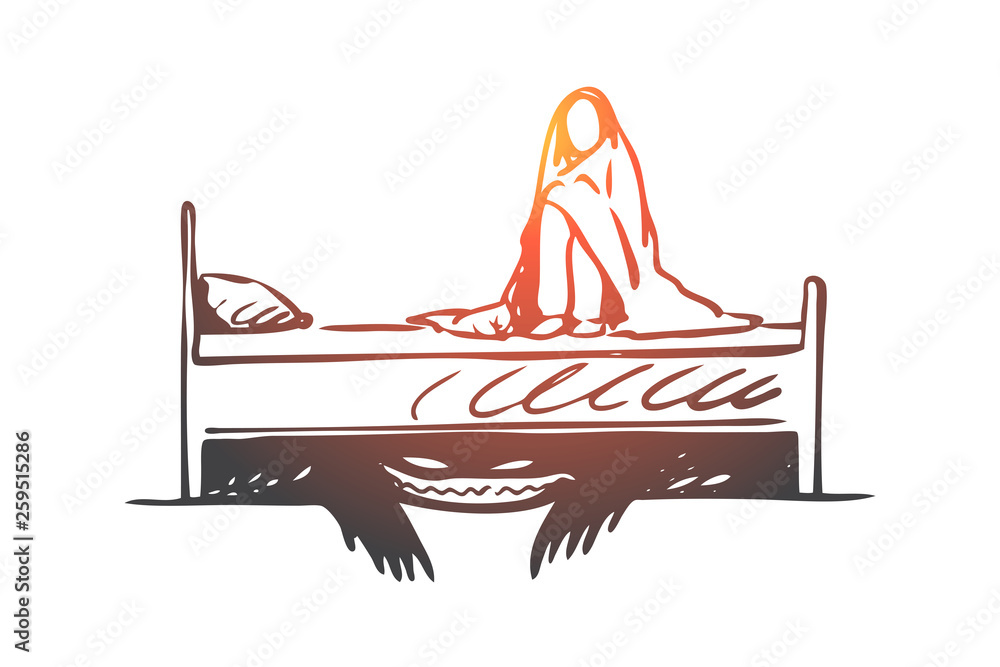 Bed, monster, child, horror, scary concept. Hand drawn isolated vector ...