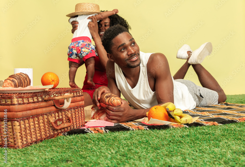 Wonderful moments together. Happy african american family having picnic ...