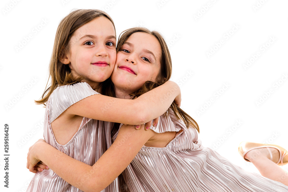 Identical twin girls sisters are posing for the camera. Stock Photo ...