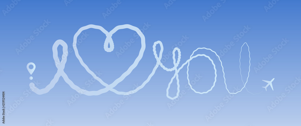 Heart travel love airplane route romantic travel line trace plane ...