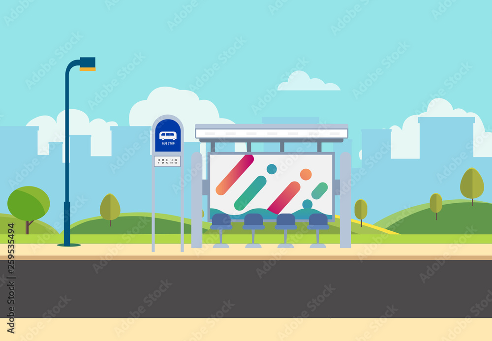 Flat bus stop on main street with nature park and city background.Thai ...