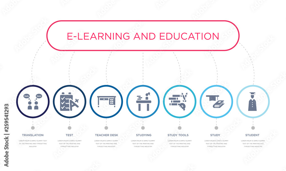 simple illustration set of 7 vector blue icons such as student, study ...