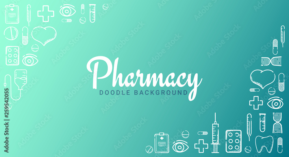Pharmacy and Medical banner with doodle background. Pills, Vitamin ...