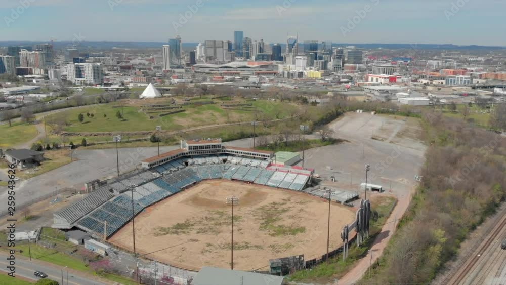 Abandoned baseball field in Nashville with city skyline. Aerial video ...