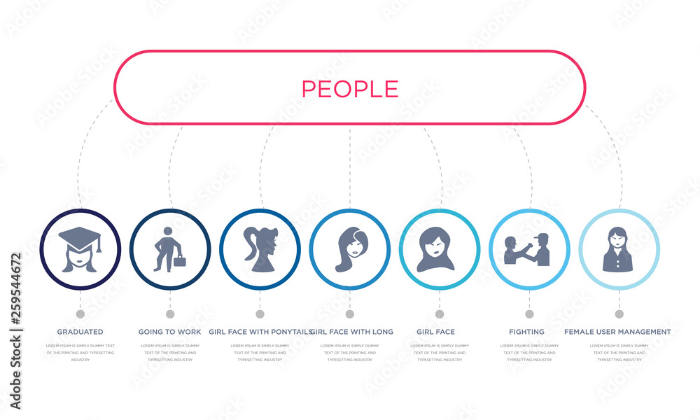 simple illustration set of 7 vector blue icons such as female user ...