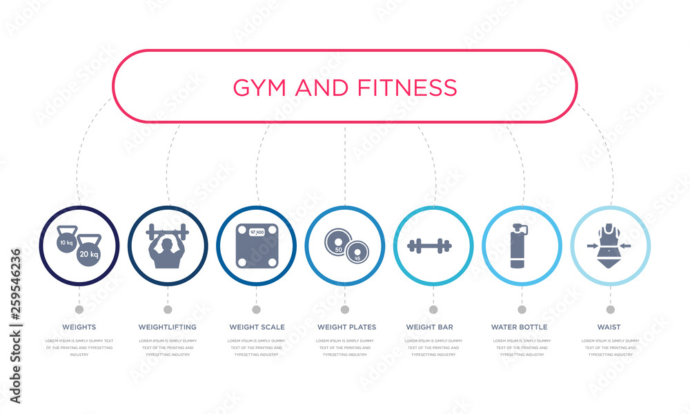 simple illustration set of 7 vector blue icons such as waist, water ...