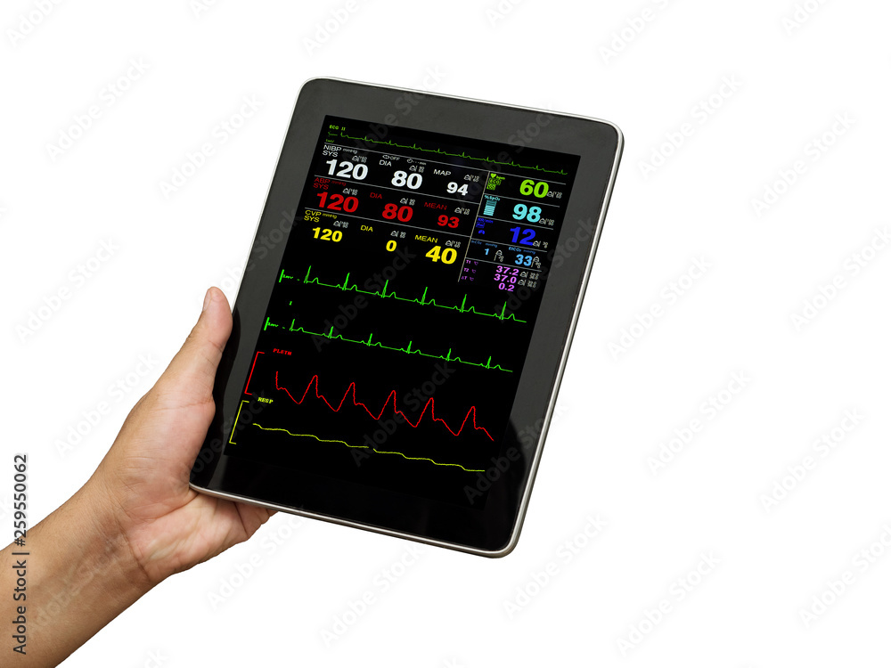 doctor's hand holding the tablet displaying ECG / electrocardiogram ...