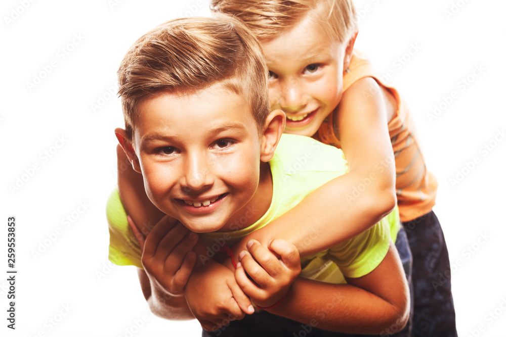 Mother's joy concept. Two funny siblings brothers posing for picture ...