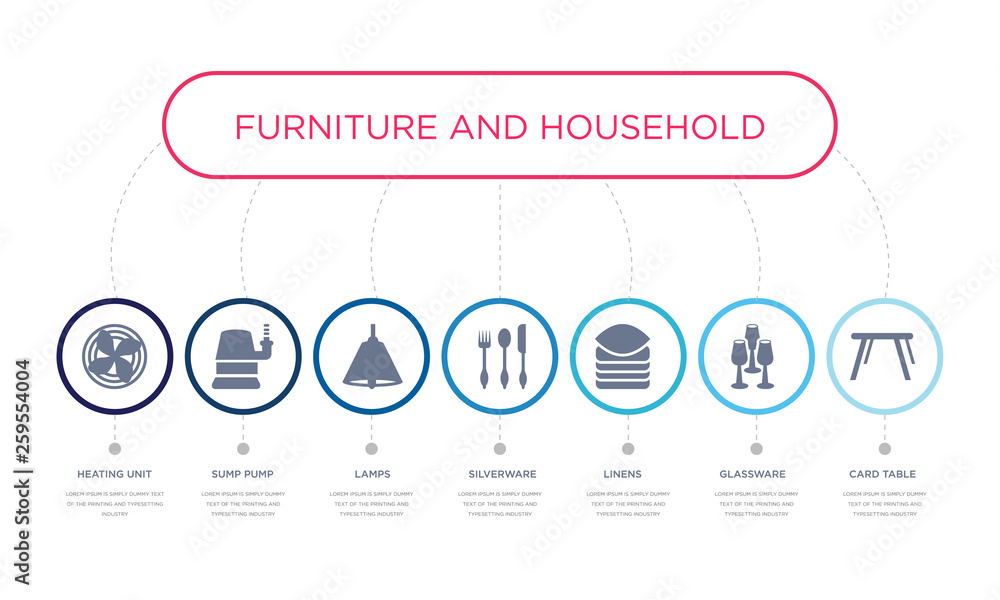 simple illustration set of 7 vector blue icons such as card table ...