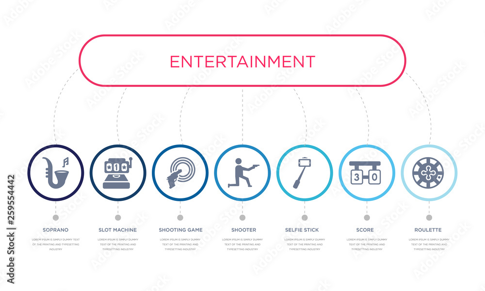 simple illustration set of 7 vector blue icons such as roulette, score ...