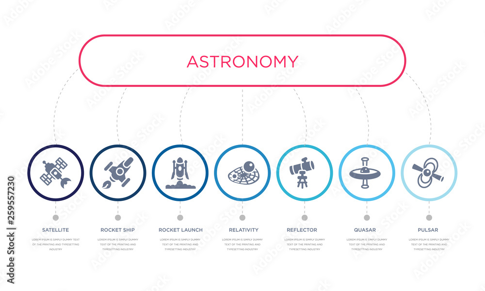 simple illustration set of 7 vector blue icons such as pulsar, quasar ...