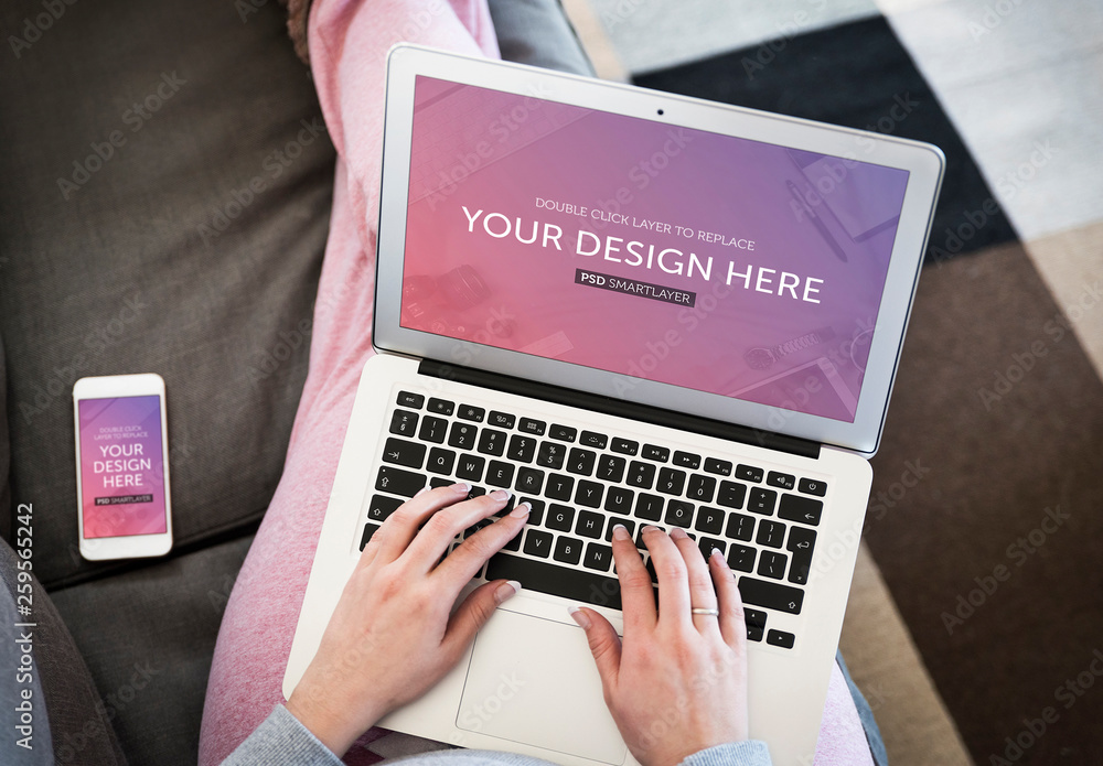 Laptop and Smartphone on Person's Lap Mockup Stock Template | Adobe Stock