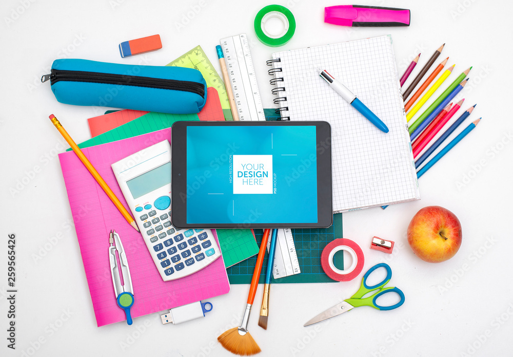 Tablet on School Supplies Mockup Stock Template | Adobe Stock