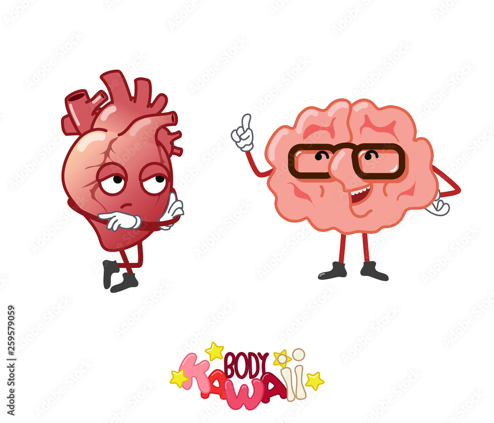 Happy smiling brain and grumpy heart cute kawaii cartoon characters ...