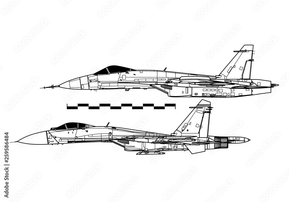 Sukhoi Su-27 Flanker. Outline drawing Stock Vector | Adobe Stock