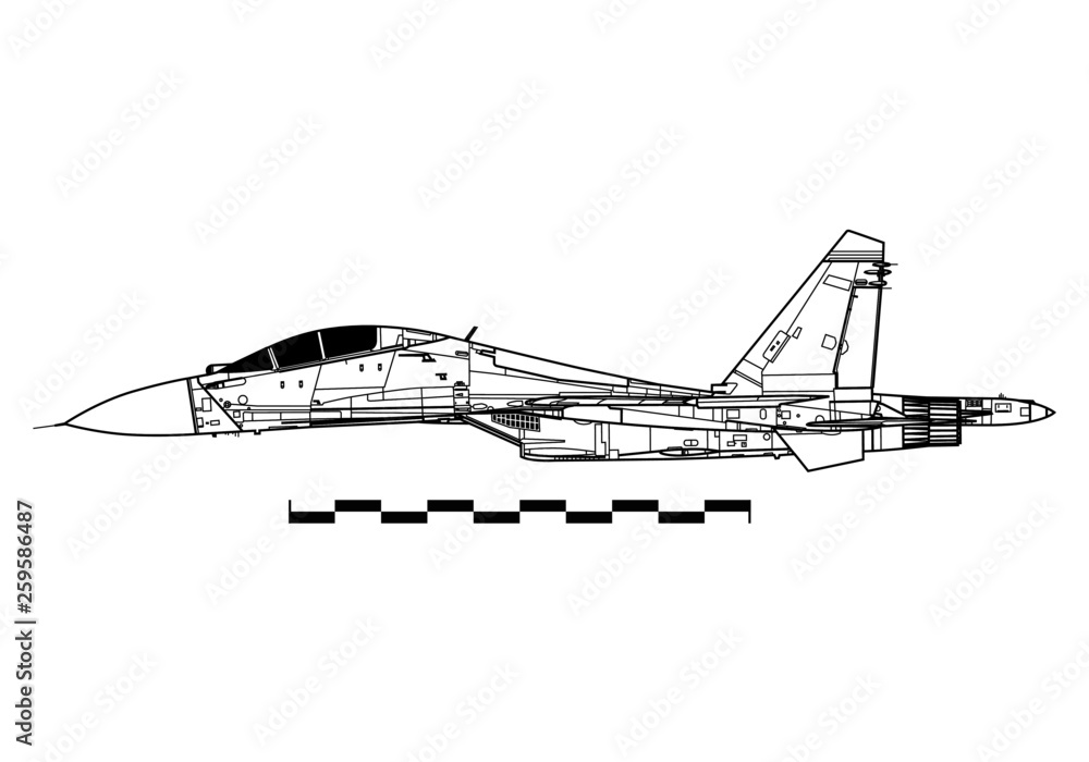 Sukhoi Su-27 Flanker. Outline drawing Stock Vector | Adobe Stock