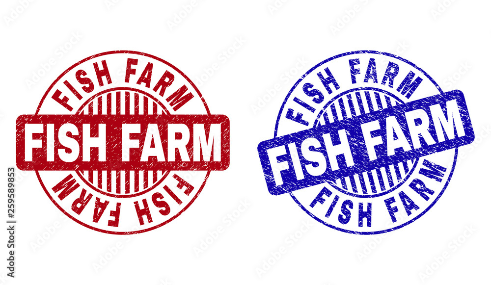Grunge FISH FARM round stamp seals isolated on a white background ...
