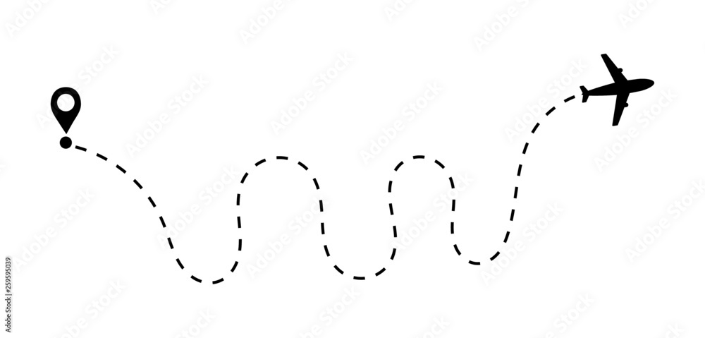 Airplane dashed lines path with start point and dash line trace. Around ...