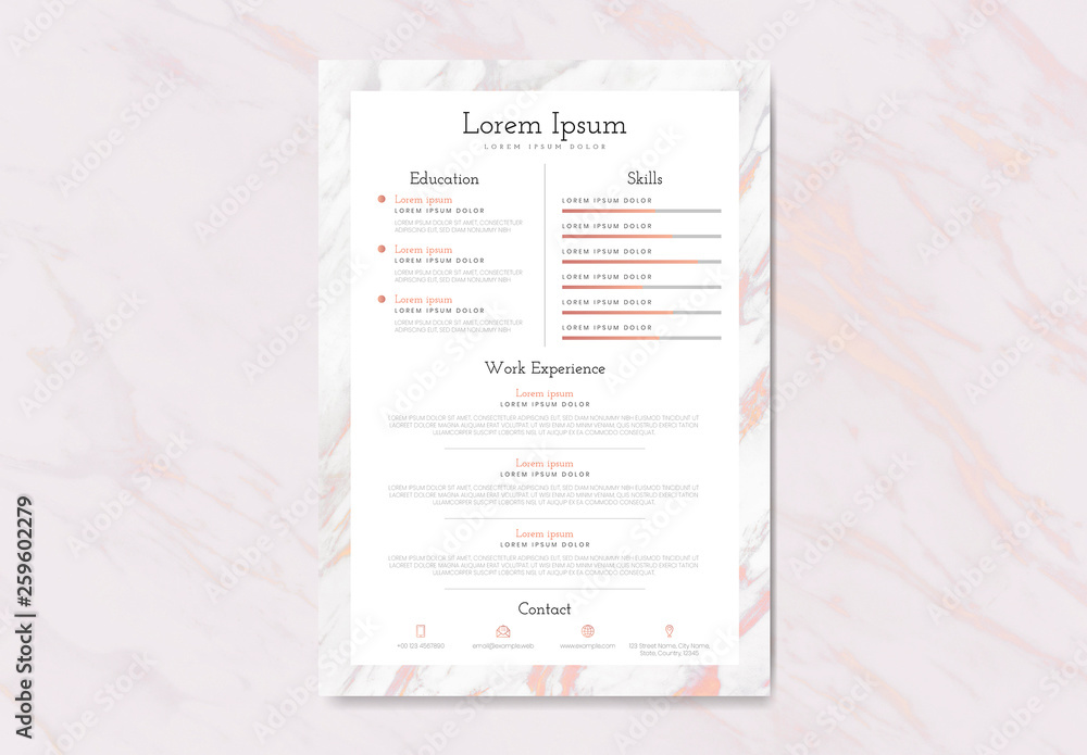 Resume Layout with a Pink and White Marble Background Stock Template ...