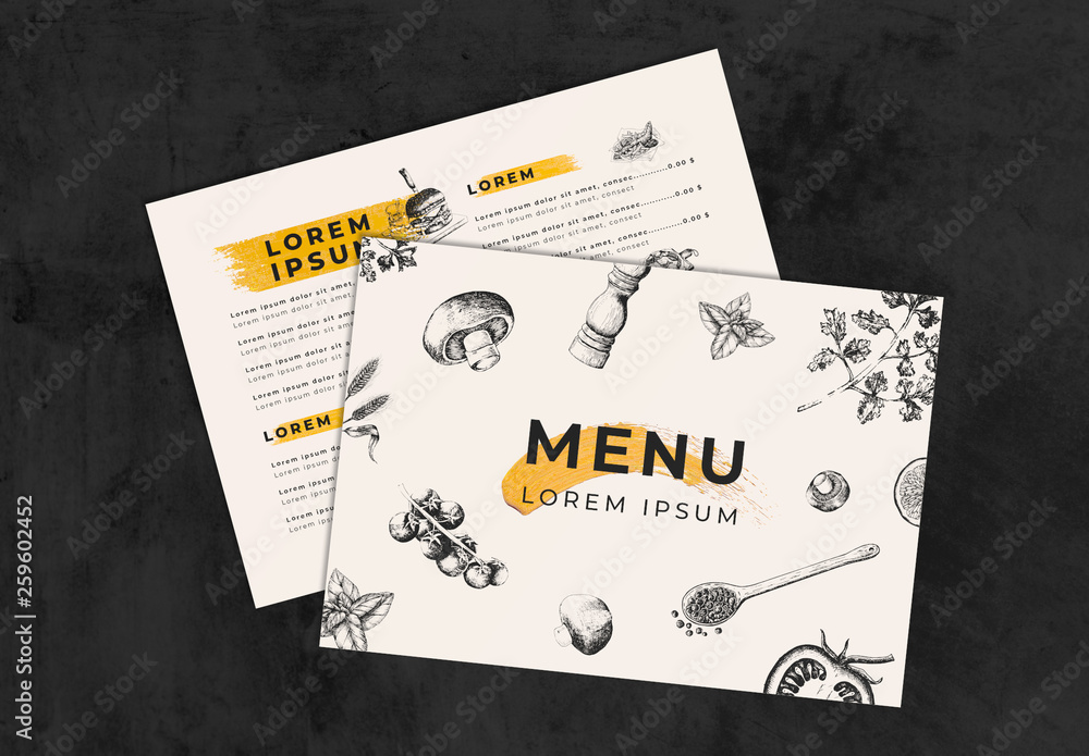 Horizontal Menu Layout with Illustrations and Yellow Accents Stock ...