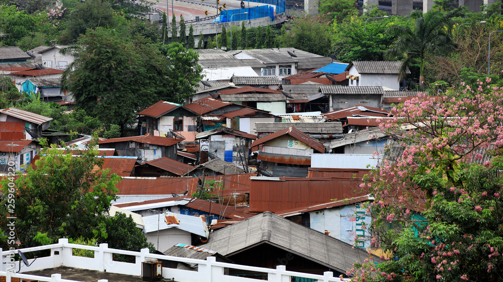 rusty roof of Poor house in big city , top view of house roof of slum ...