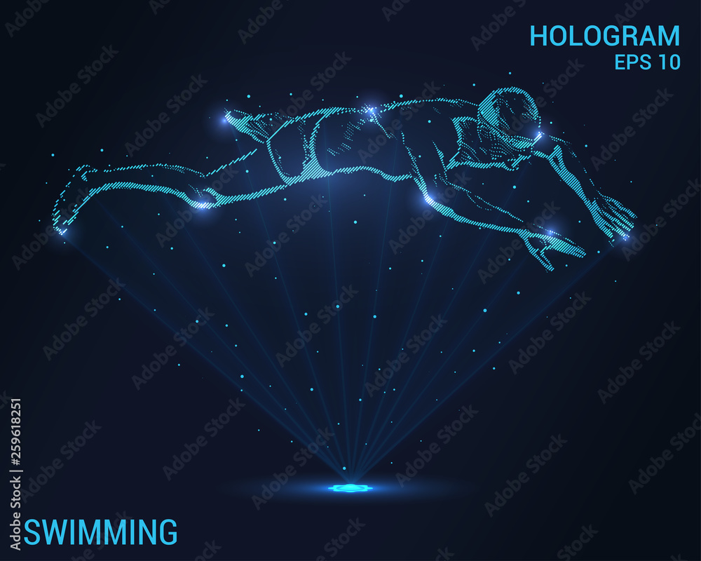 Swimming hologram. A holographic projection of a swimmer. Flickering ...