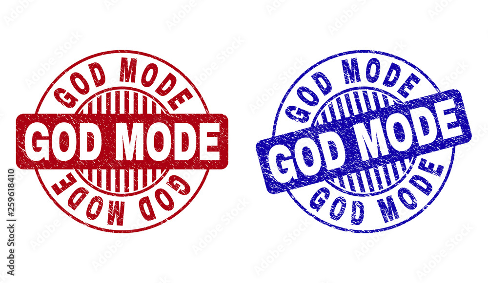Grunge GOD MODE round stamp seals isolated on a white background. Round ...