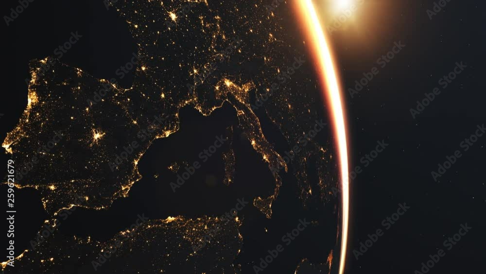 Vídeo do Stock: 4K Beautiful Sunrise over Europe. Realistic earth with night lights from space ...