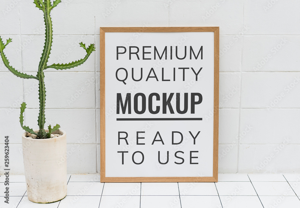 Large Wooden Frame Leaning on a Tile Wall Mockup Stock Template | Adobe ...