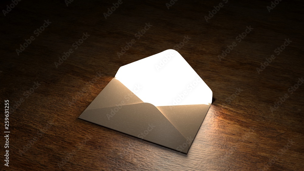 Fairytale mail. Mysterious letter with magic light. 3D illustration ...