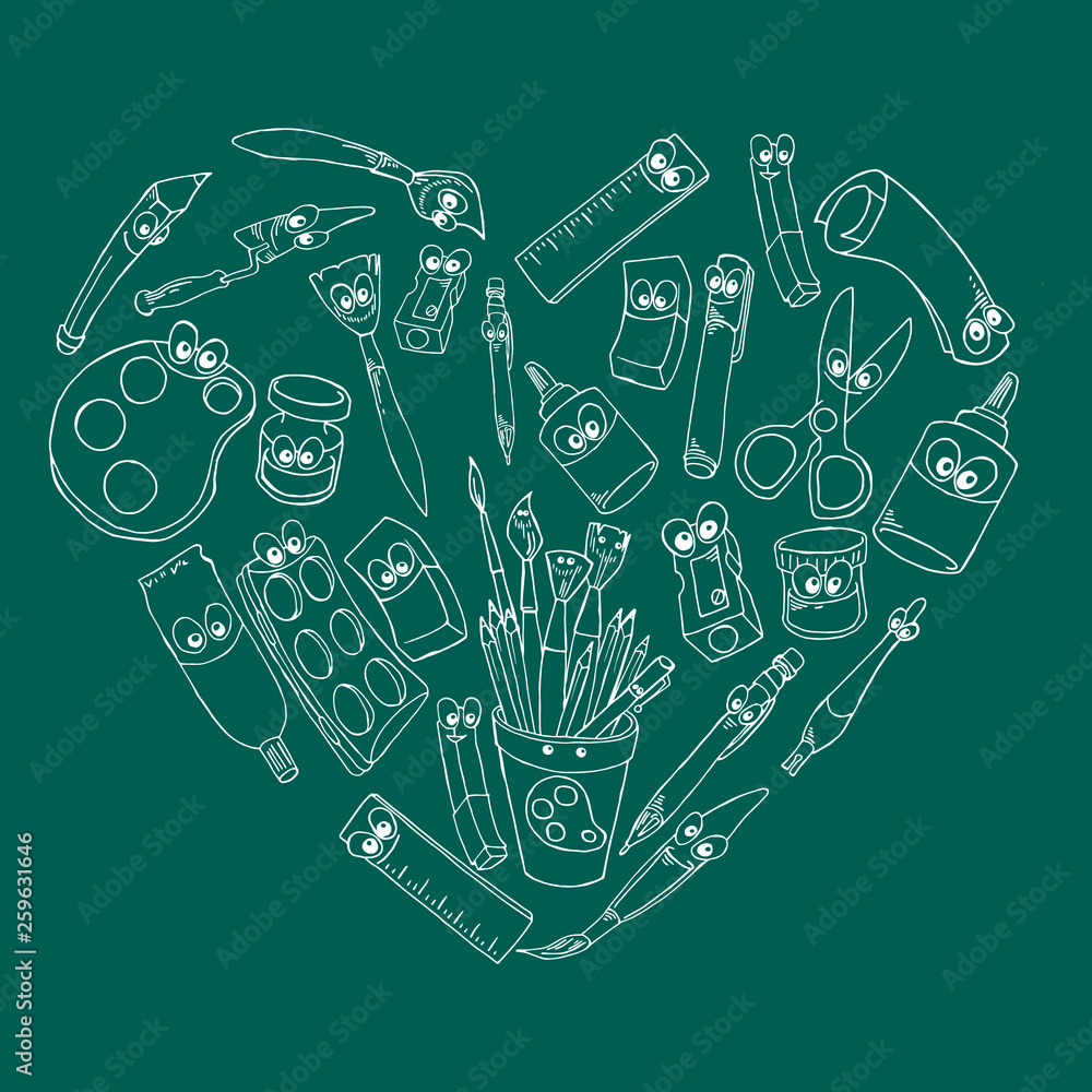 artoon characters of different drawing tools. Pencils, pen and others ...