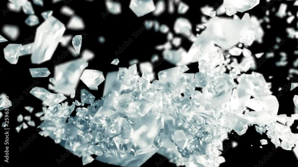 Ice cube explosion in slow motion cg 3d animation on black isolated ...