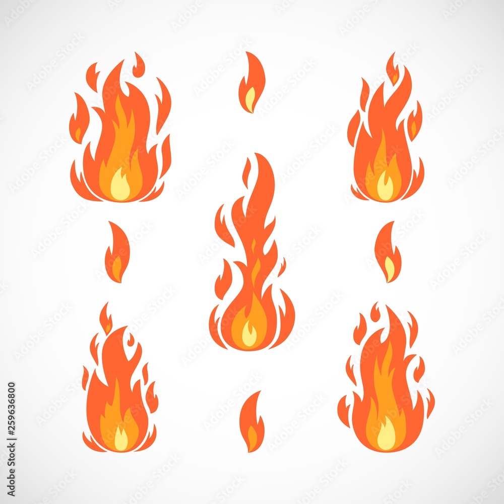 Vector set of fire flames. Cartoon flat bonfires collection. Stock ...