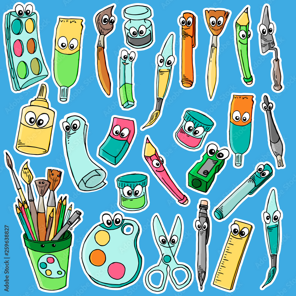 artoon characters of different drawing tools. Pencils, pen and others ...