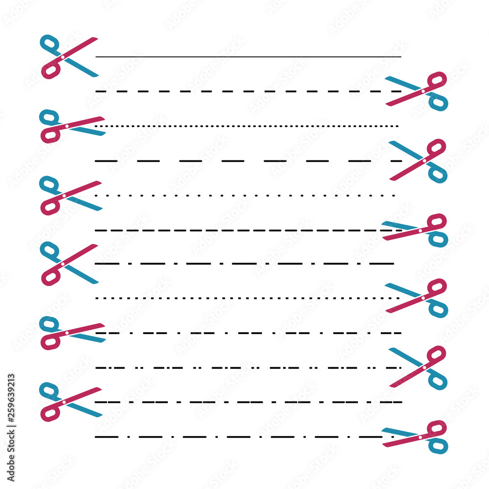 Scissors vectors with cut lines, dot, dashed lines. Dividing lines ...