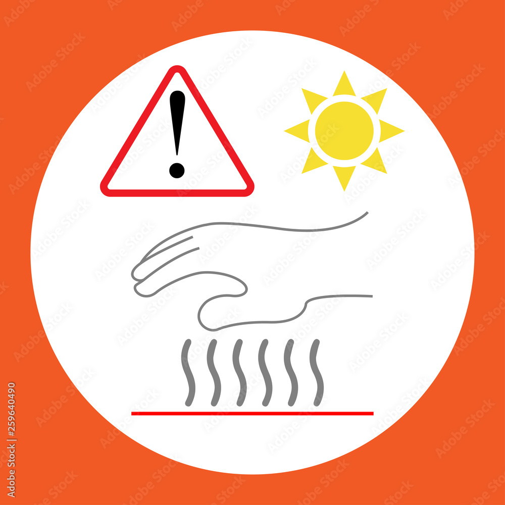 Hot surface symbol with hand and sun and hazard warning attention sign ...