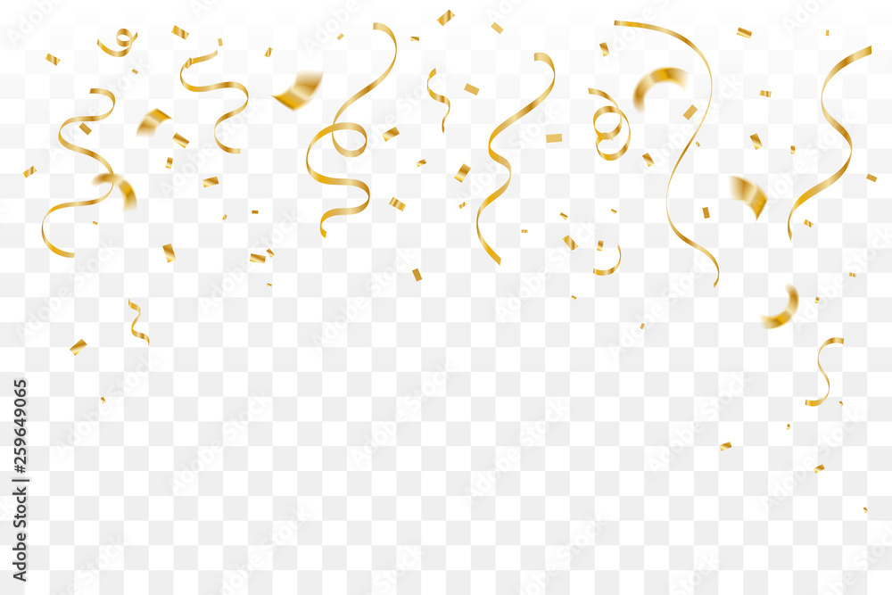 Golden Tiny Confetti And Streamer Ribbon Falling On Transparent Background. Vector Stock Vector ...