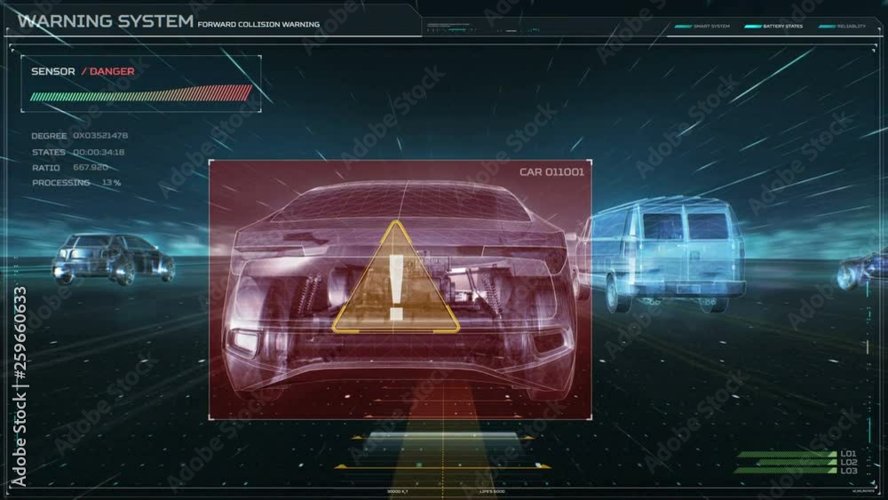 Future hybrid cars, Autonomous driving. Road Lane alert with futuristic ...