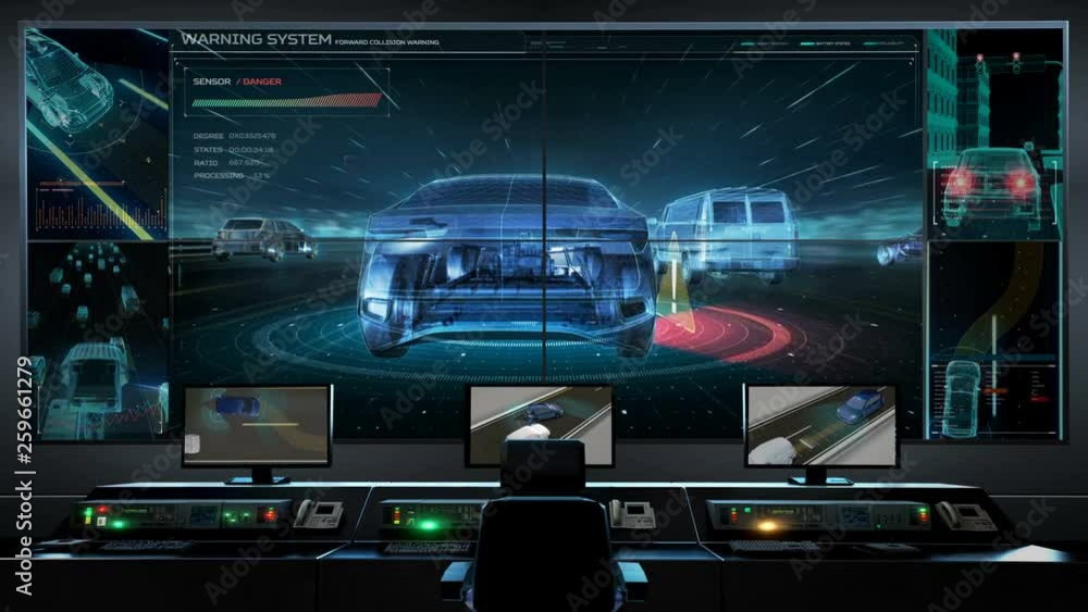 Main traffic control room, Autonomous driving. 360 degree surveillance ...
